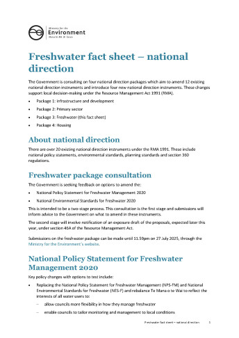 Freshwater fact sheet – national direction | Ministry for the Environment
